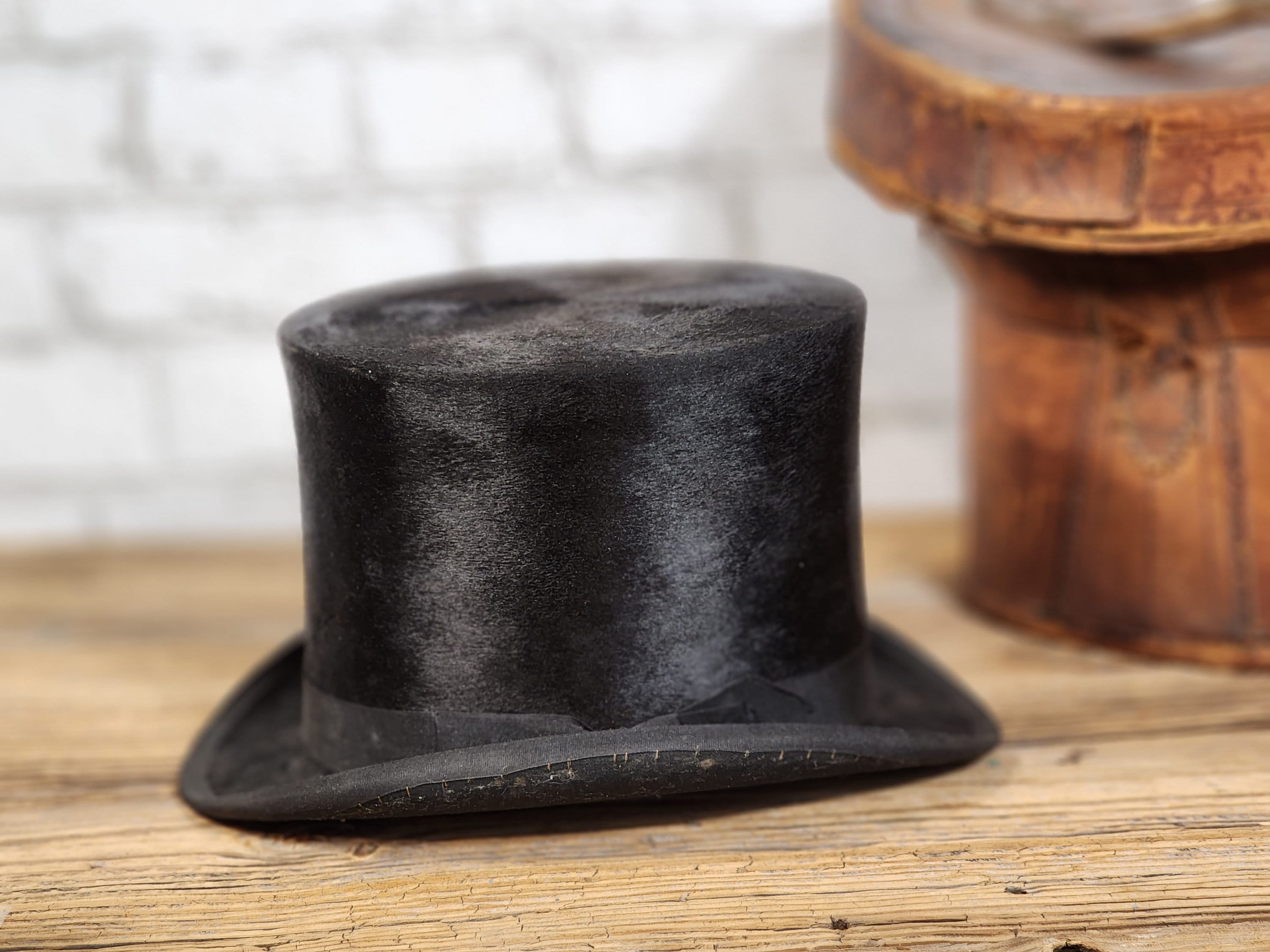Antique Leather Hat Box With Original Black Beaver Felt Top Hat. 19th ...