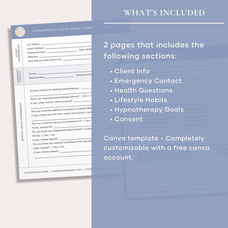 Hypnotherapy Intake Form Canva Template | Client Consent Form for ...