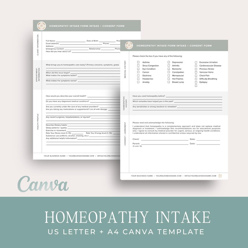 Homeopathy Intake Form – Editable US Letter & A4 Canva Template - Etsy