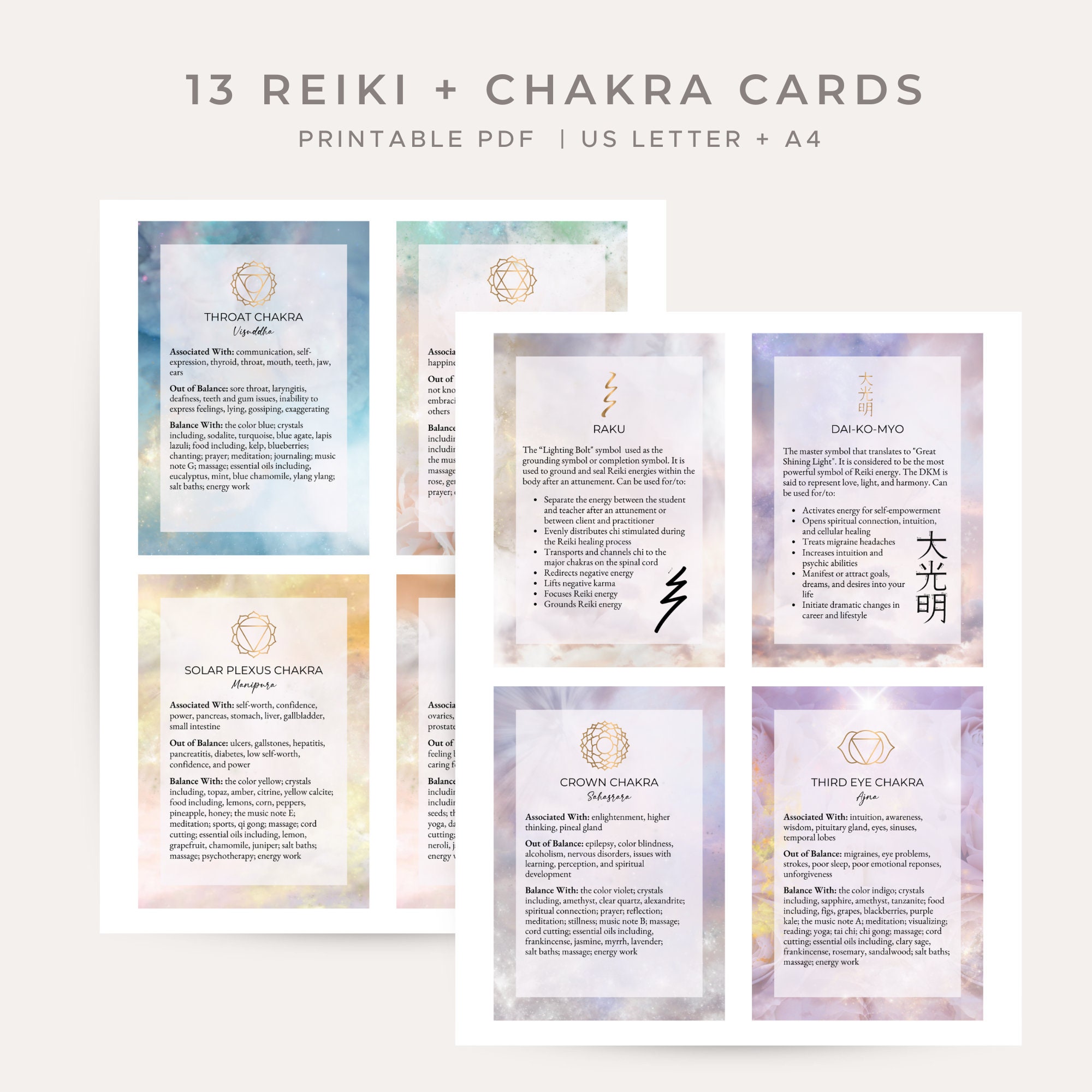 13 Printable Reiki + Chakra Study Cards - Printable PDF - Etsy
