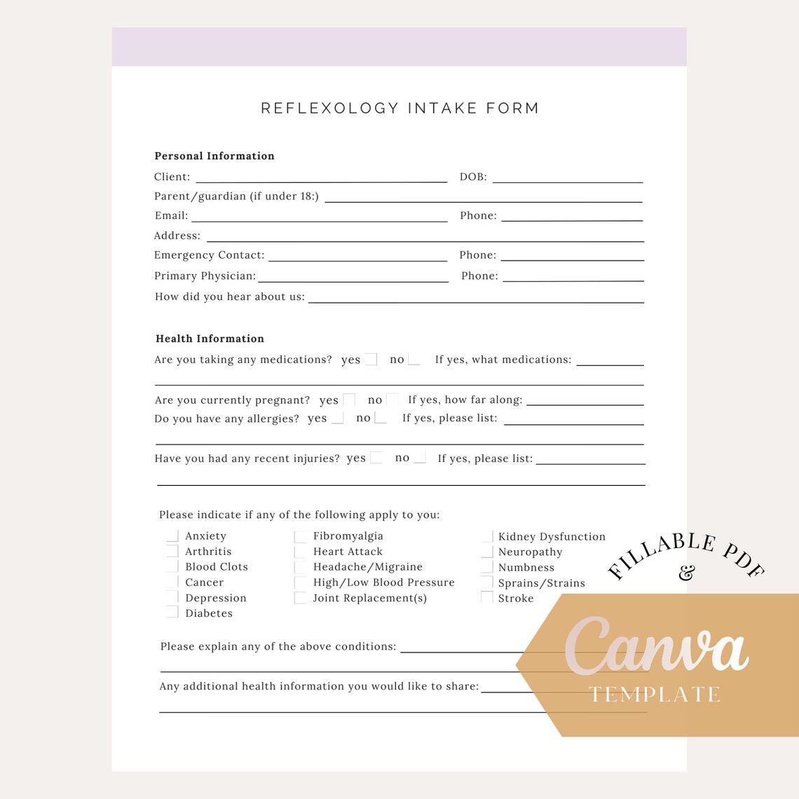 Reflexology Intake Form and Waiver - Canva Template and Fillable PDF - Etsy