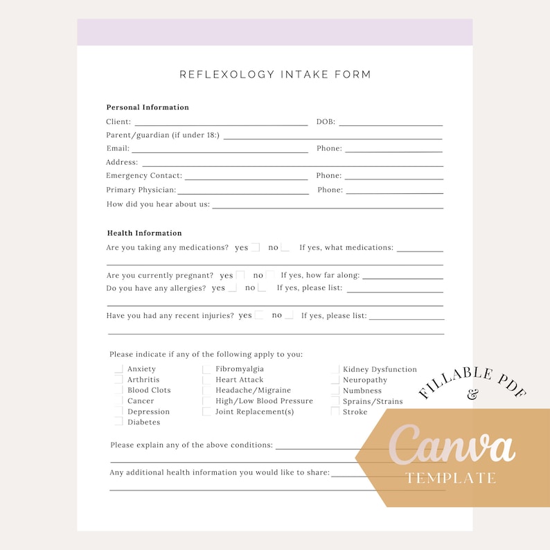 Reflexology Intake Form and Waiver - Canva Template and Fillable PDF ...