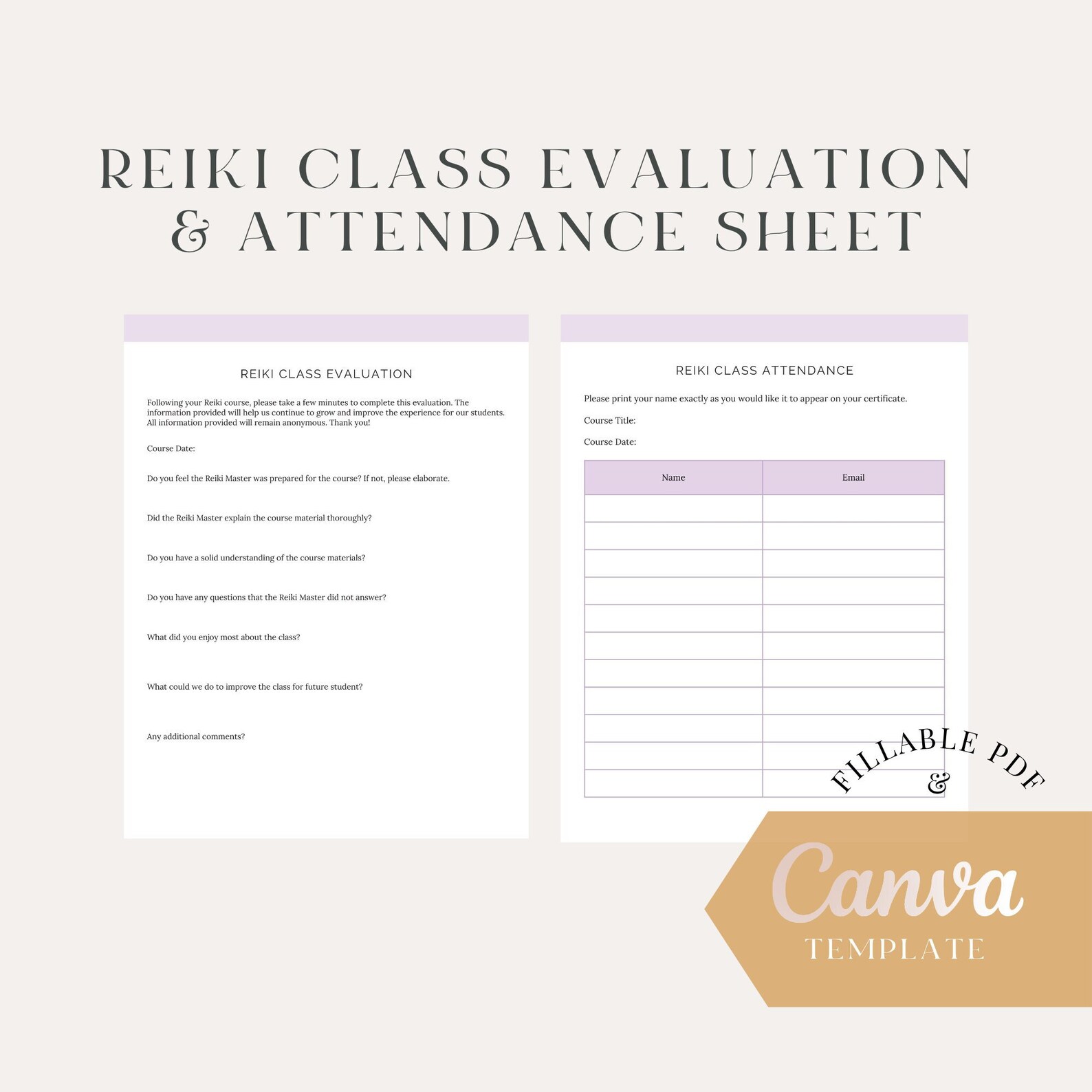 Reiki Class Evaluation Form & Attendance Sheet - PDF and Canva Template ...