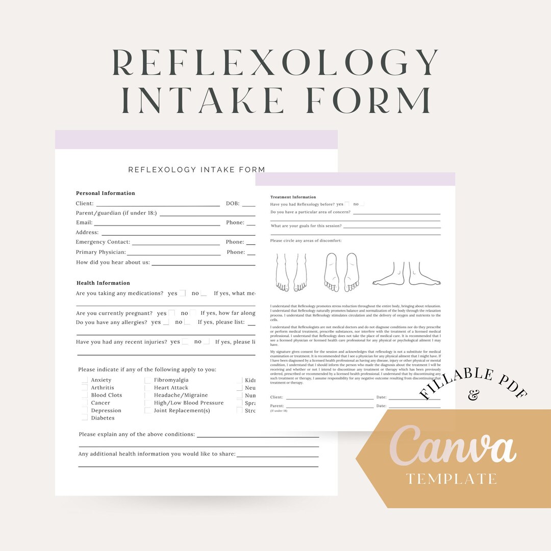 Reflexology Intake Form and Waiver - Canva Template and Fillable PDF - Etsy