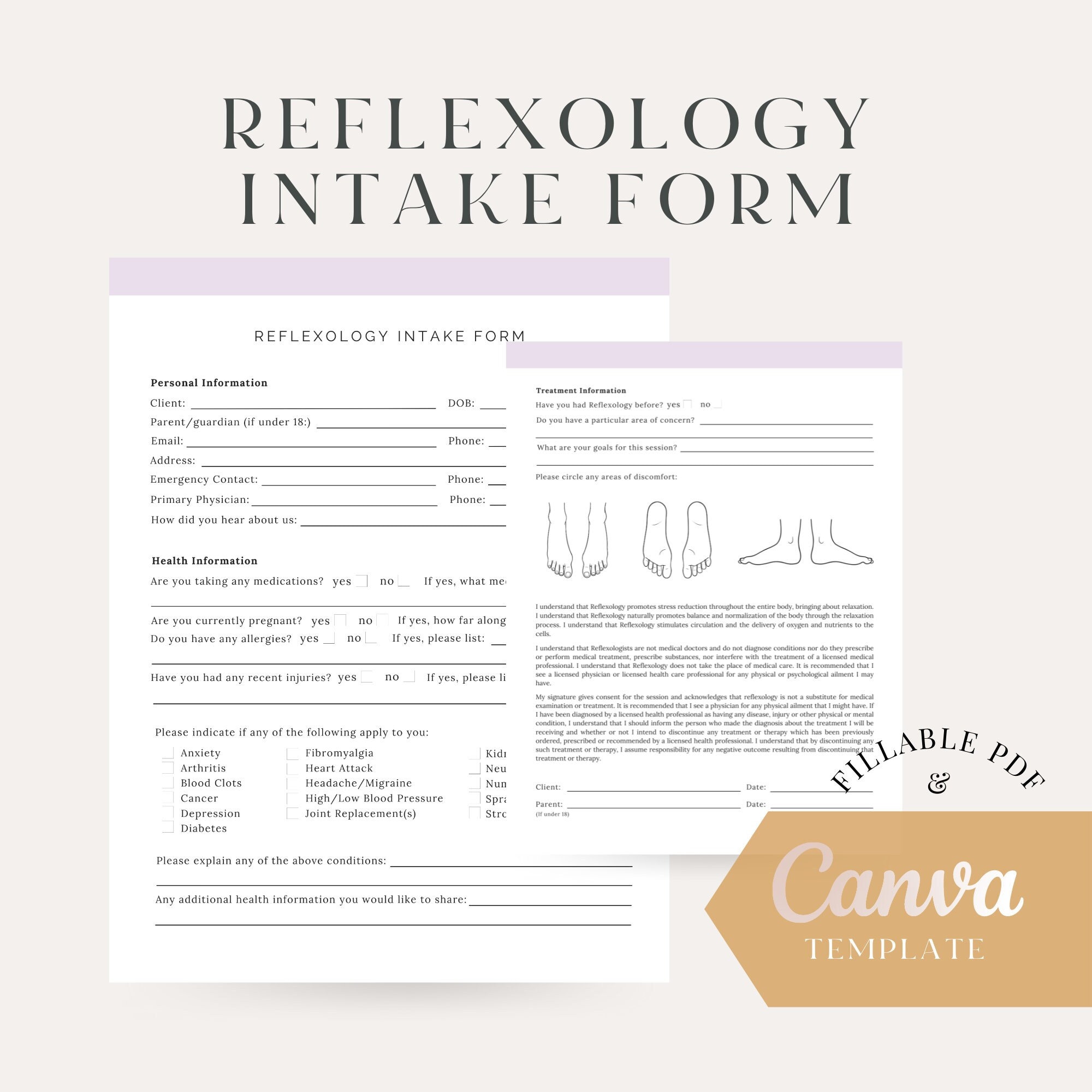 Reflexology Intake Form and Waiver - Canva Template and Fillable PDF - Etsy