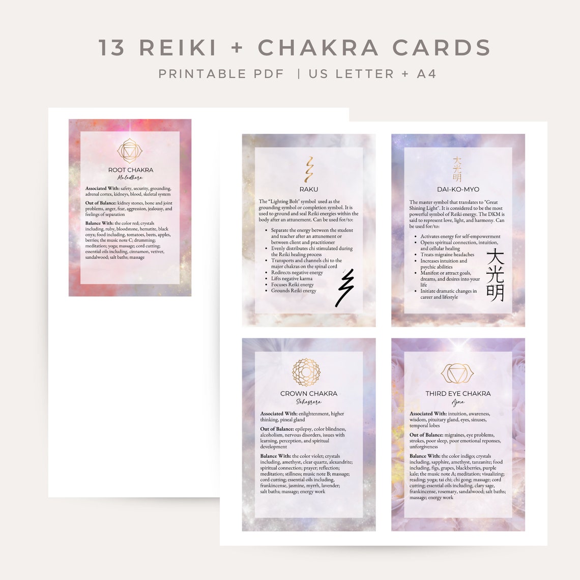 13 Printable Reiki + Chakra Study Cards - Printable PDF - Etsy