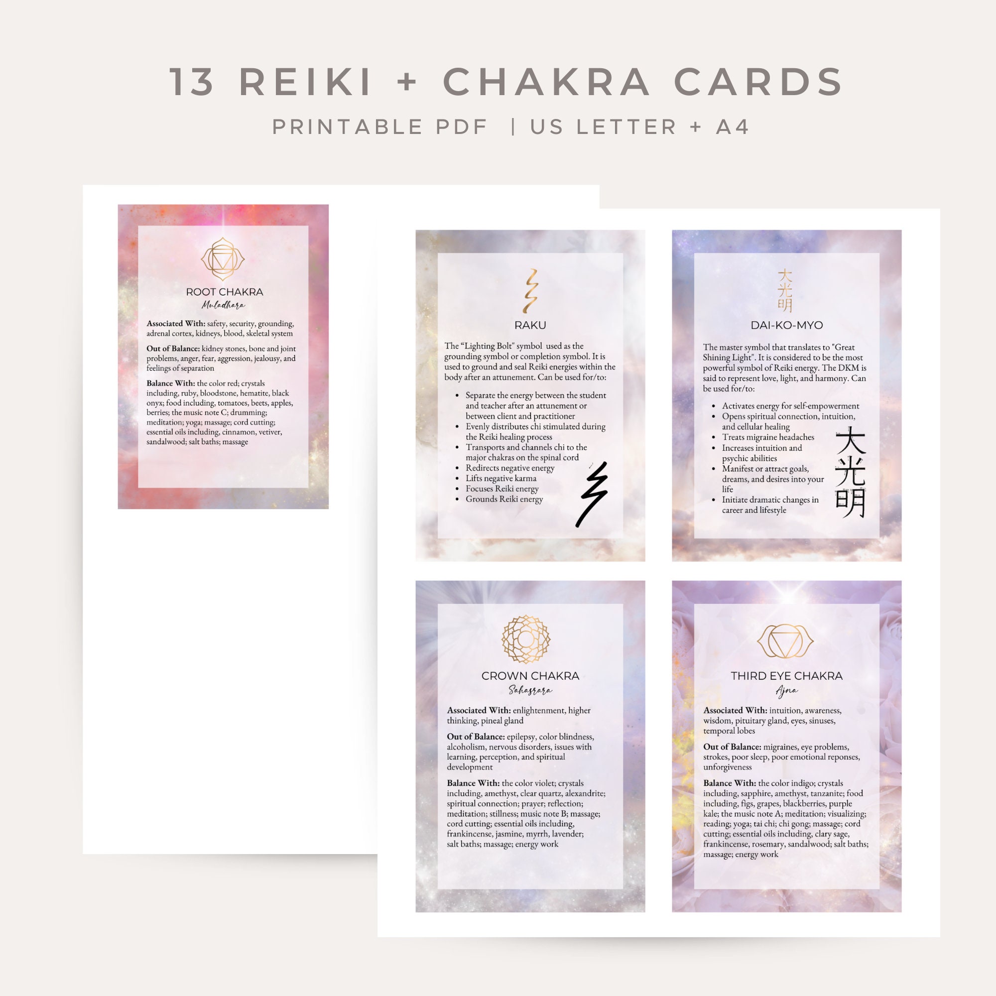 13 Printable Reiki + Chakra Study Cards - Printable PDF - Etsy