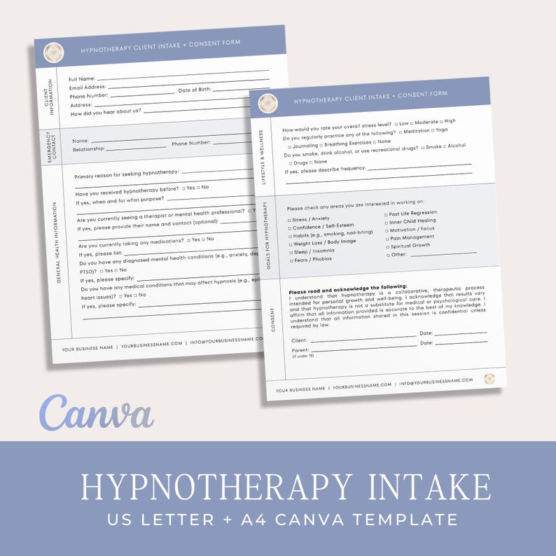 Hypnotherapy Intake Form Canva Template | Client Consent Form for ...