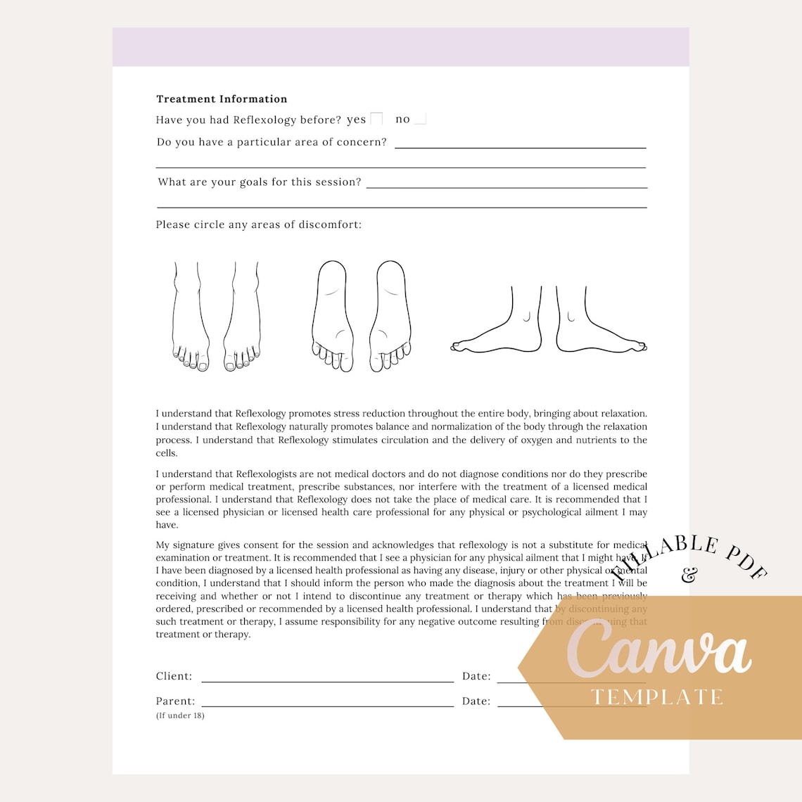 Reflexology Intake Form and Waiver - Canva Template and Fillable PDF - Etsy