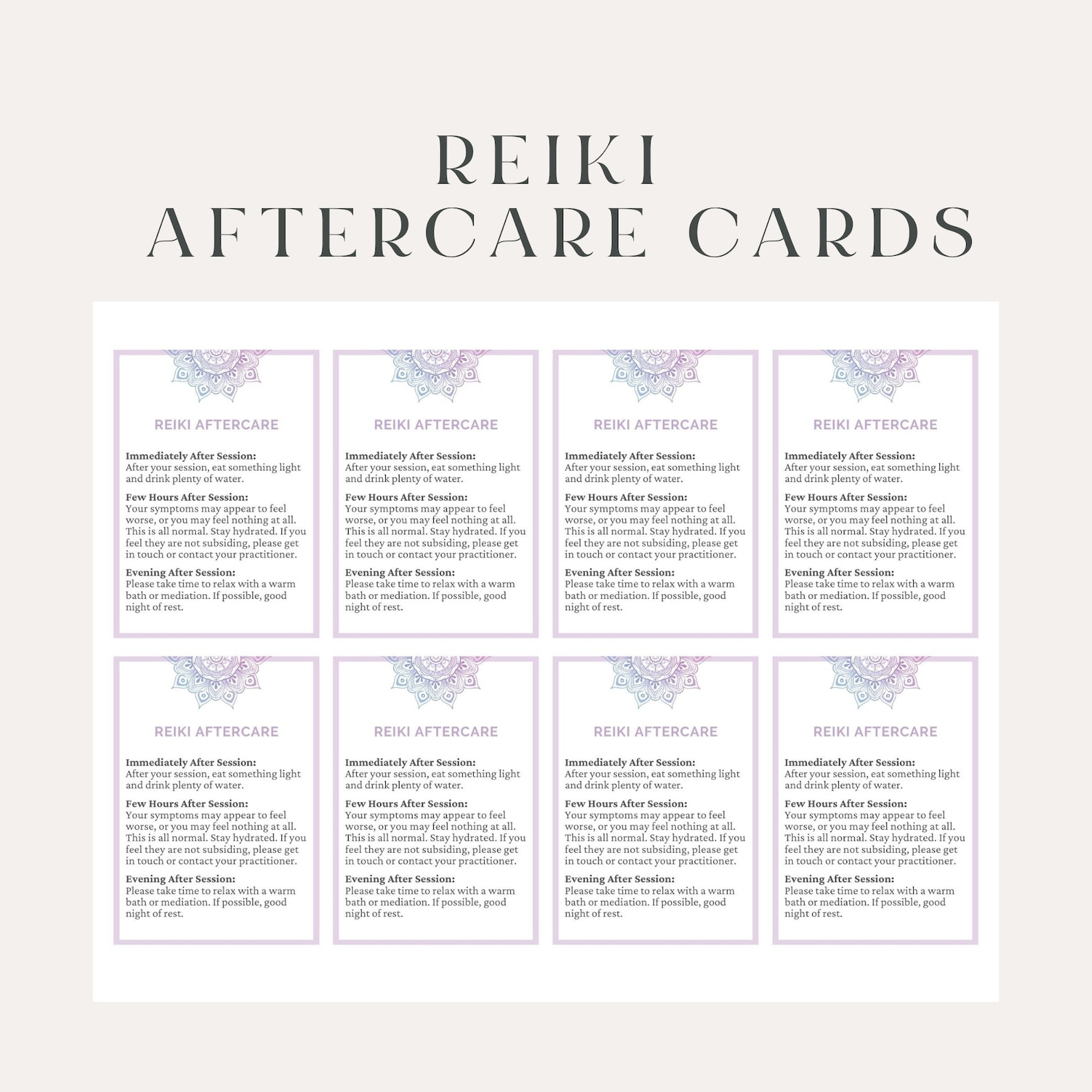 Printable Reiki Aftercare Cards - PDF and Canva Aftercare Template - Etsy