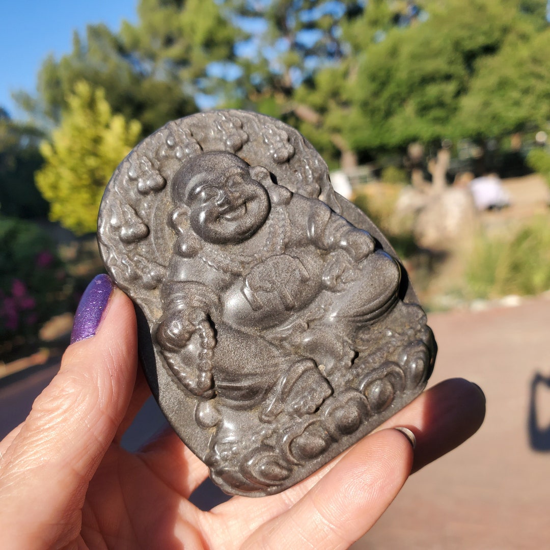Silver Sheen Obsidian Hotai Laughing Big Belly Buddha Sitting Figurine ...