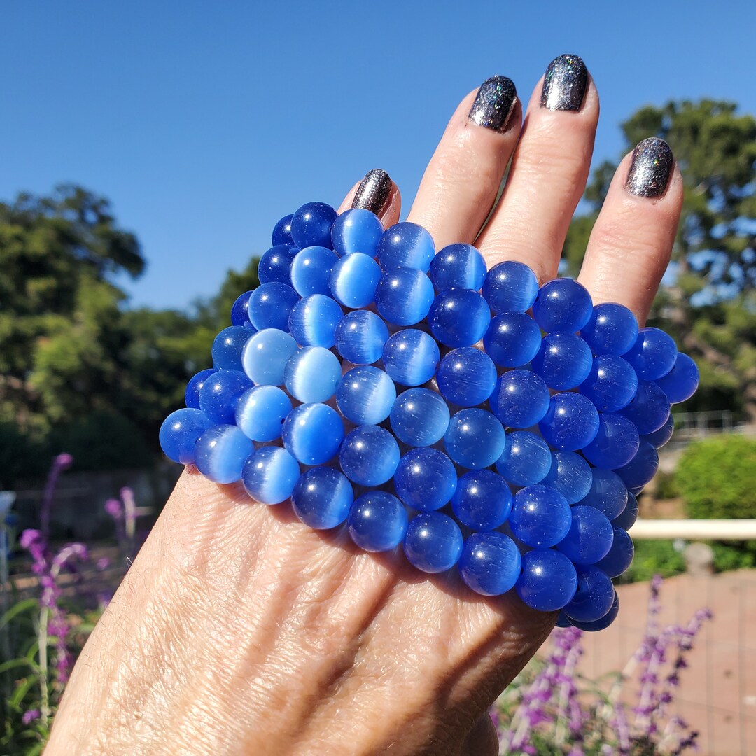 Blue Flashy Cat Eye Crystal Round Beaded Bracelets 8cm Beads - Etsy