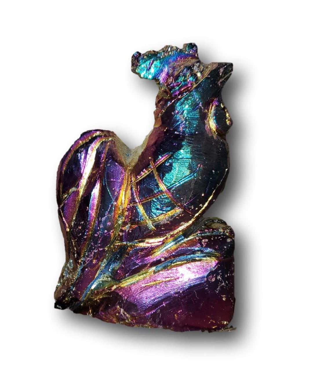 Aura Sphalerite Rooster Bird Crystal Carving Chrome Purple Blue Pink ...