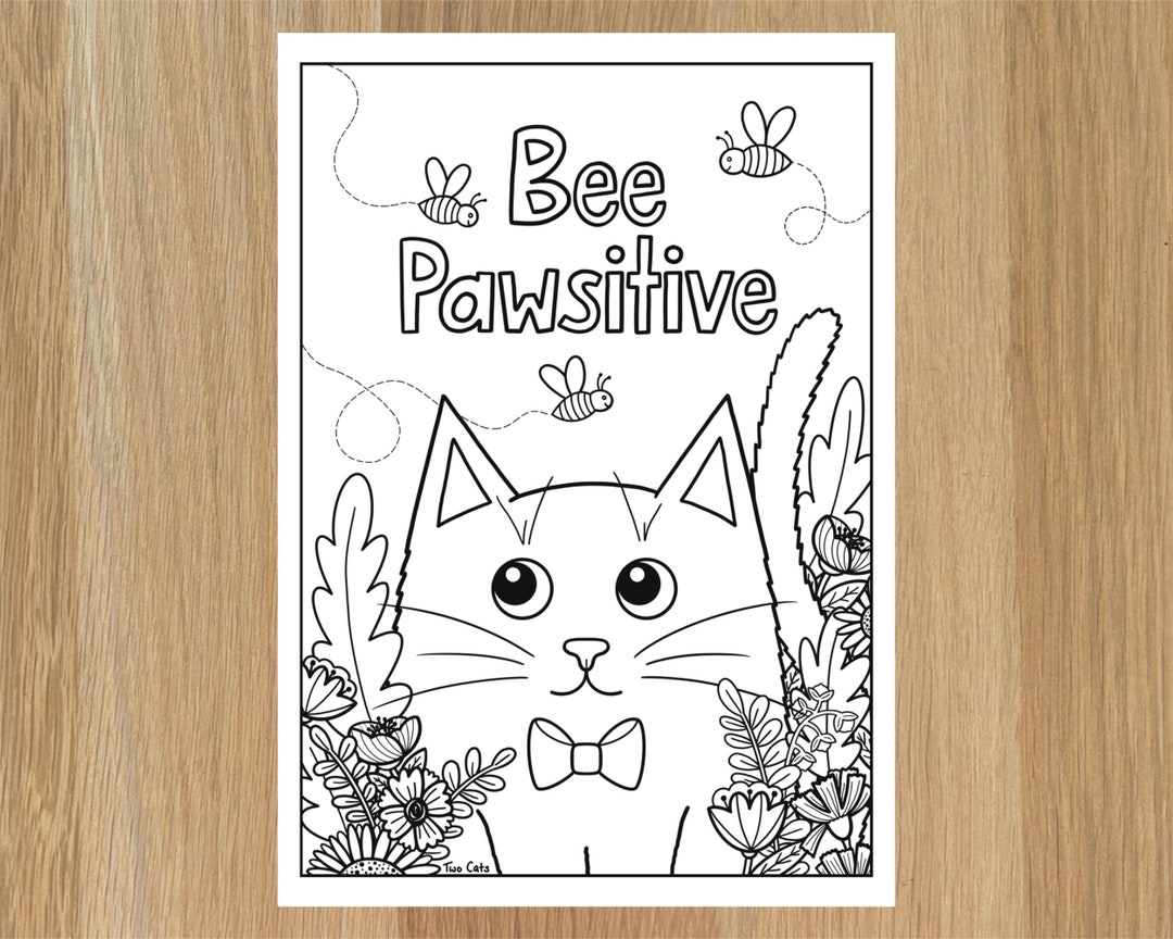 Cat / Kitten Colouring Page Garden Bees, Digital Download Printable PDF ...