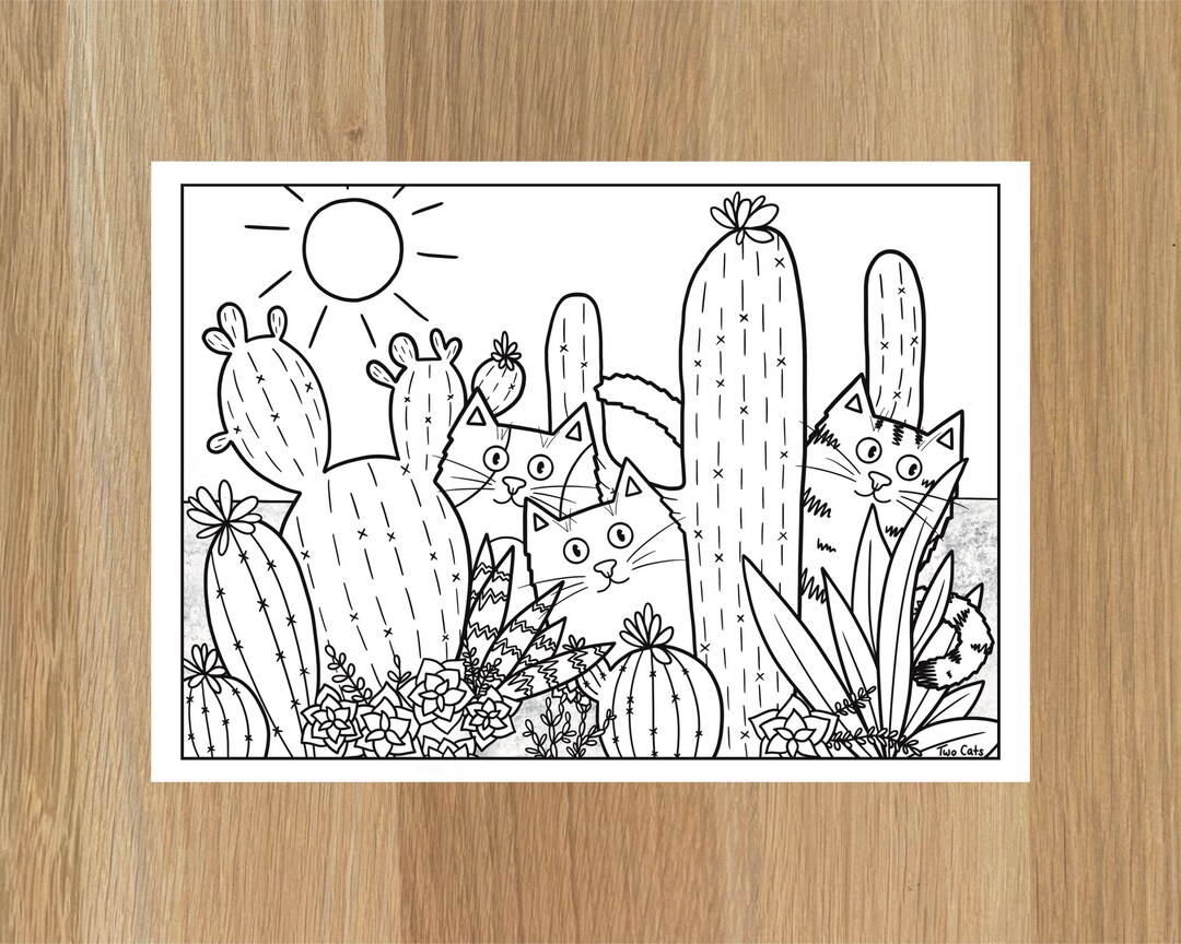 Cat / Kitten Colouring Page Cacti and Succulent Garden, Digital ...