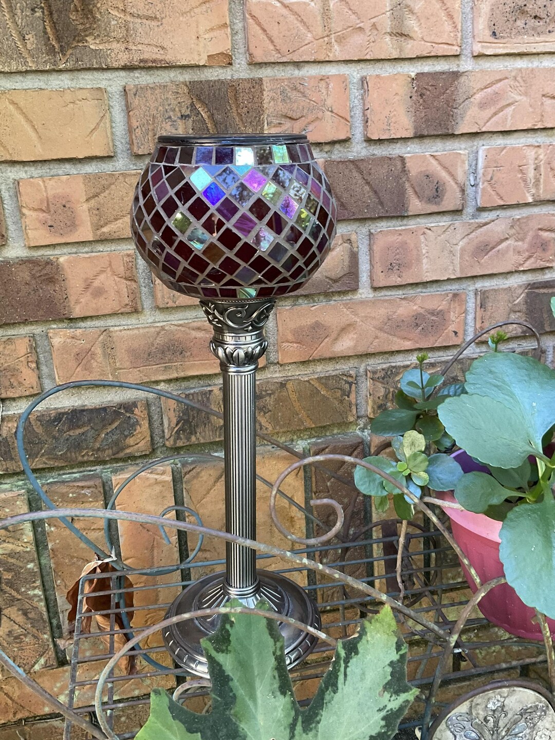 15in X 5in Classy Red Glass Solar Garden Light With Decorative Metal ...