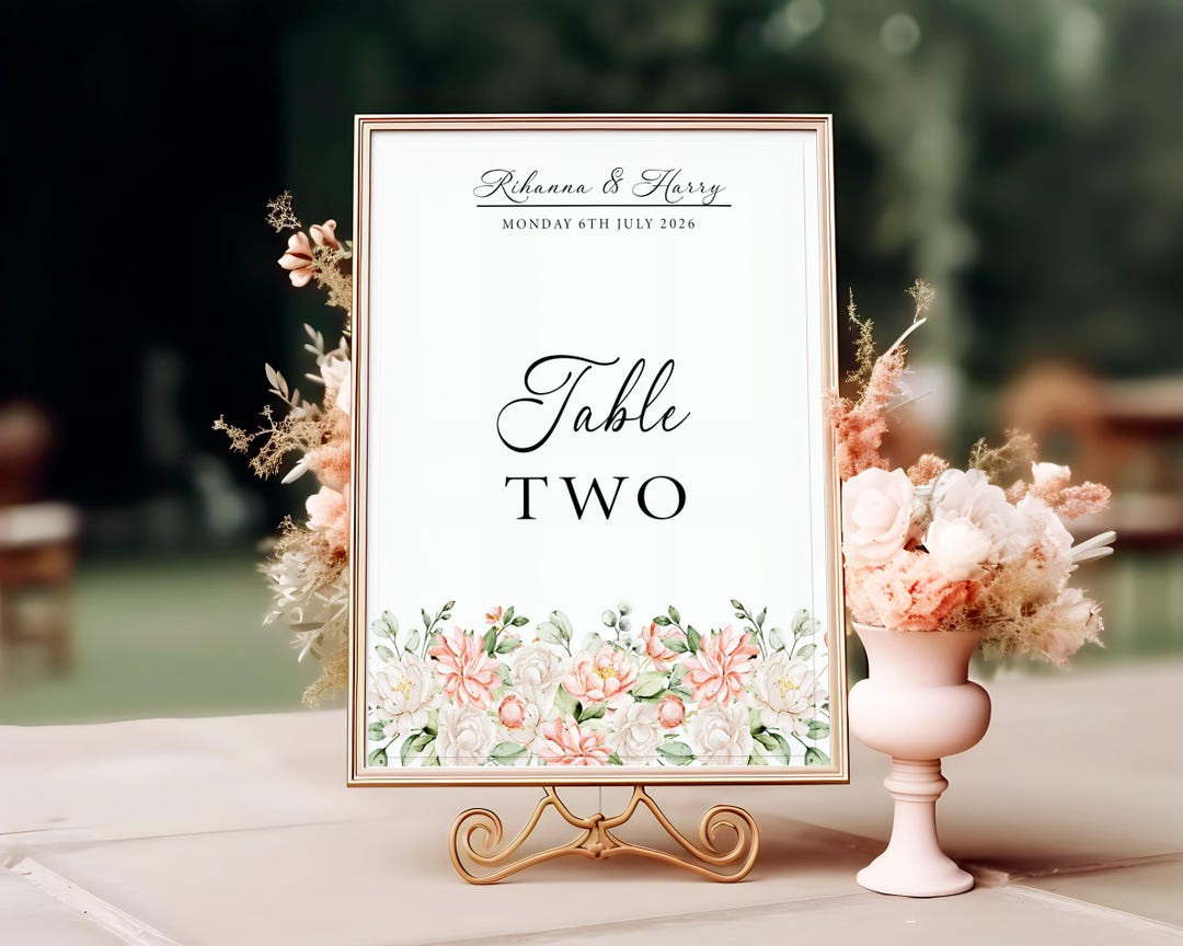 Blush Flower Table Number Name Cards - Luxury Printed Table Numbers in ...