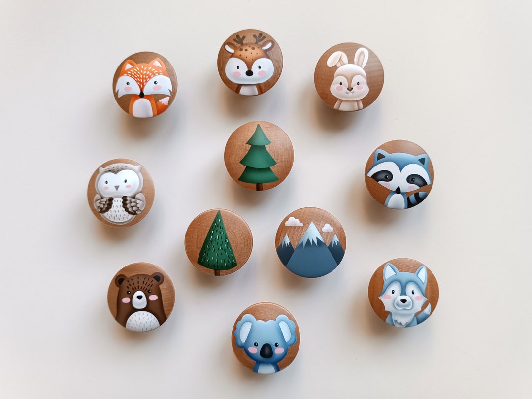 Handpainted Animal Knobs, Wood Drawer and Cabinet Pulls, Woodland Nursery Decor, Bear, Racoon ...