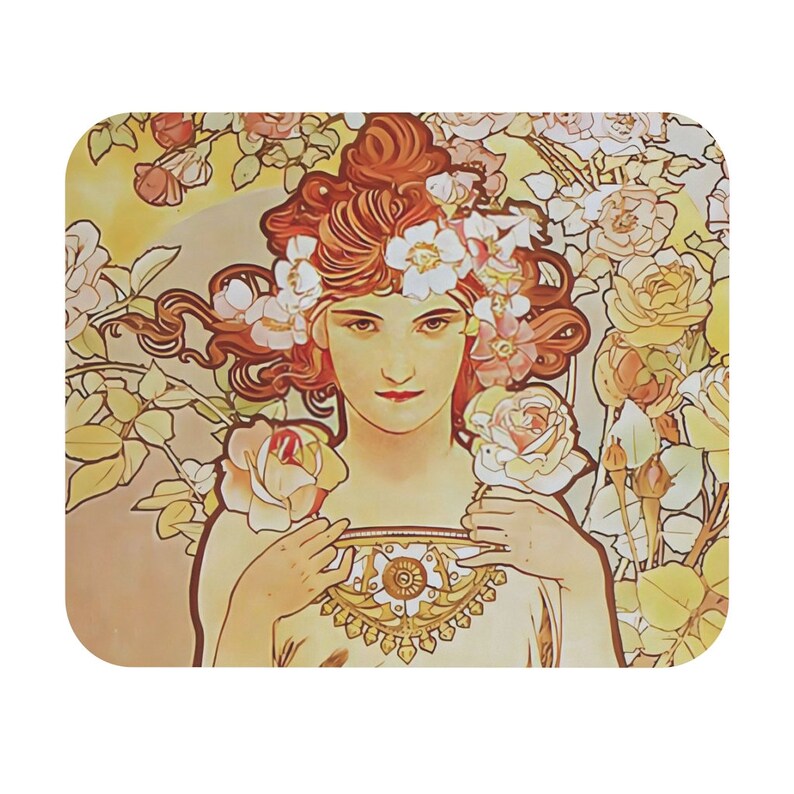 Rose by Alphonse Mucha 1897 Beautiful Red Hair Woman Bed of Floral ...