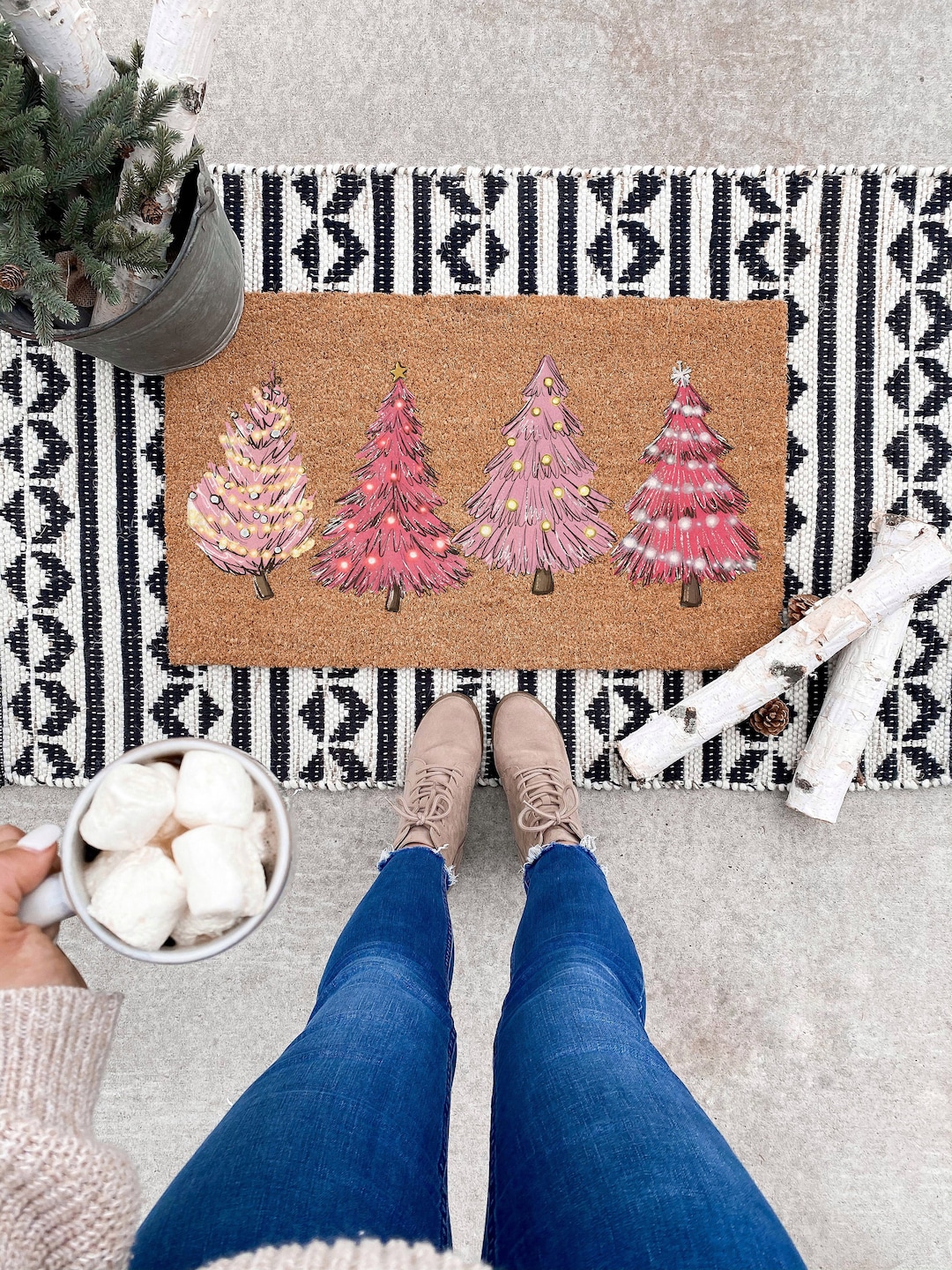 Pink Christmas Tree Door Mat, Pink Christmas Decor, Pink Christmas ...
