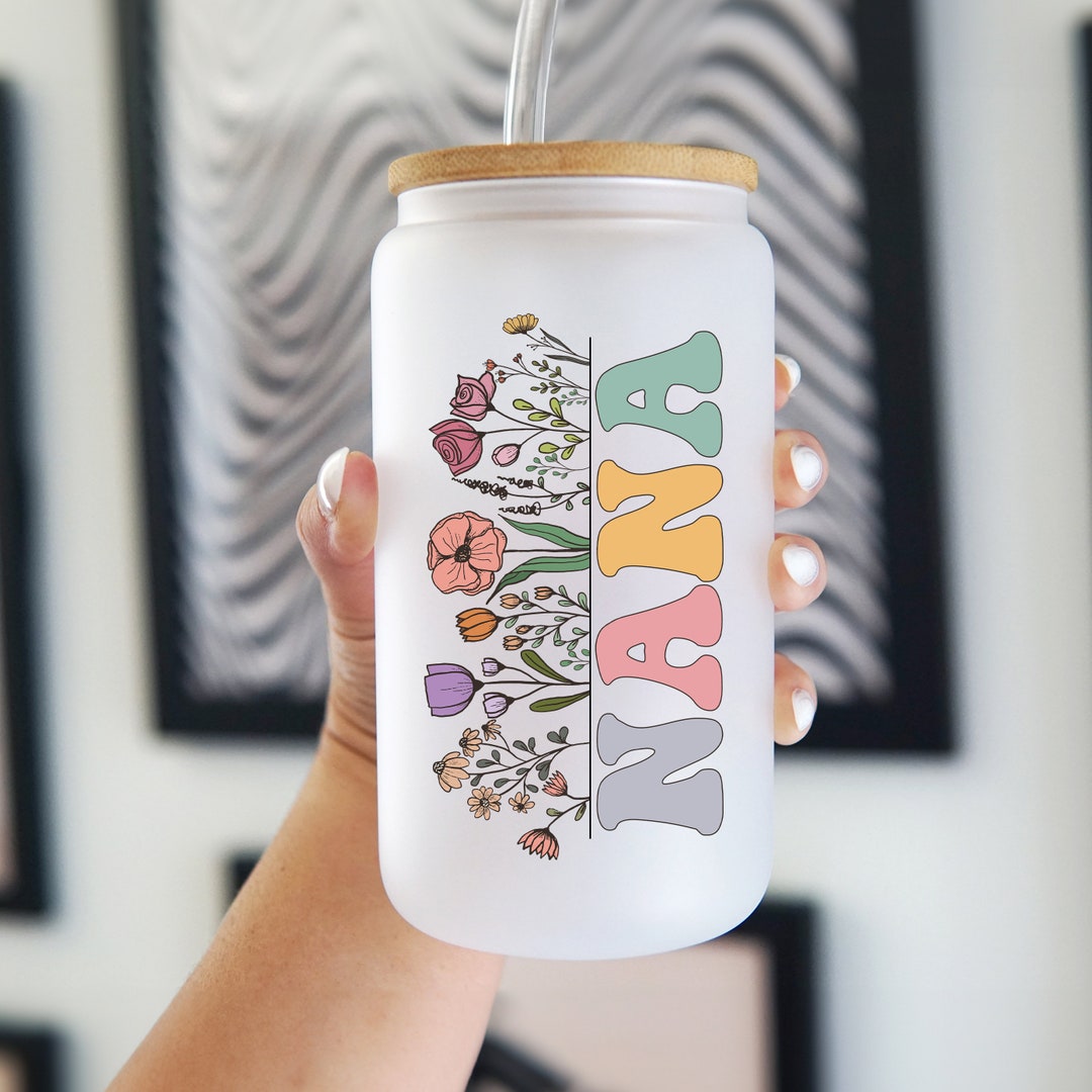 Nana Flower Iced Glass Cup With Lid and Straw, Floral 16oz Glass Flower ...