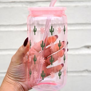 Cute Mini Cactus Iced Coffee Glass Cup With Lid and Straw, Trendy ...