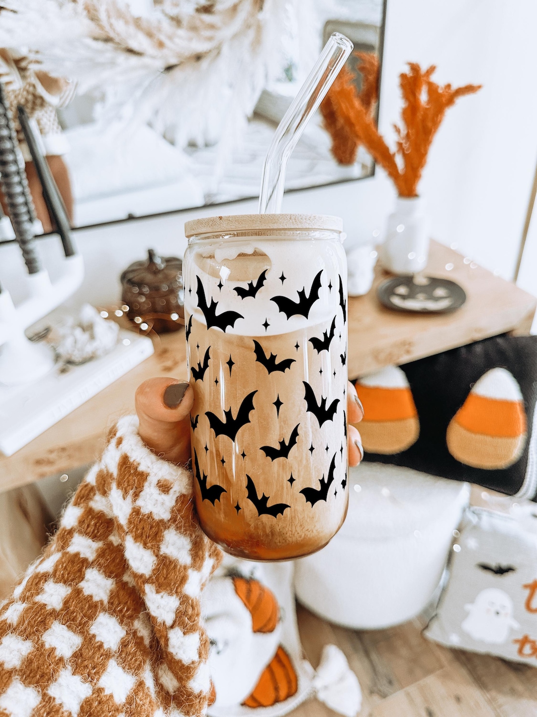 Bat Halloween Glass Cups With Lid and Straw, Halloween Cups, Fall Glass ...