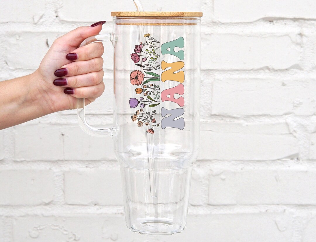 Nana Flower Iced Glass Cup With Lid and Straw, Floral 16oz Glass Flower ...
