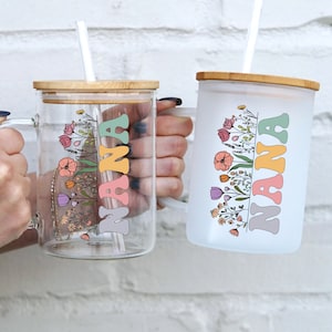 Nana Flower Iced Glass Cup With Lid and Straw, Floral 16oz Glass Flower ...