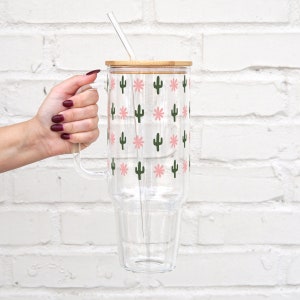 Cute Mini Cactus Iced Coffee Glass Cup With Lid and Straw, Trendy ...