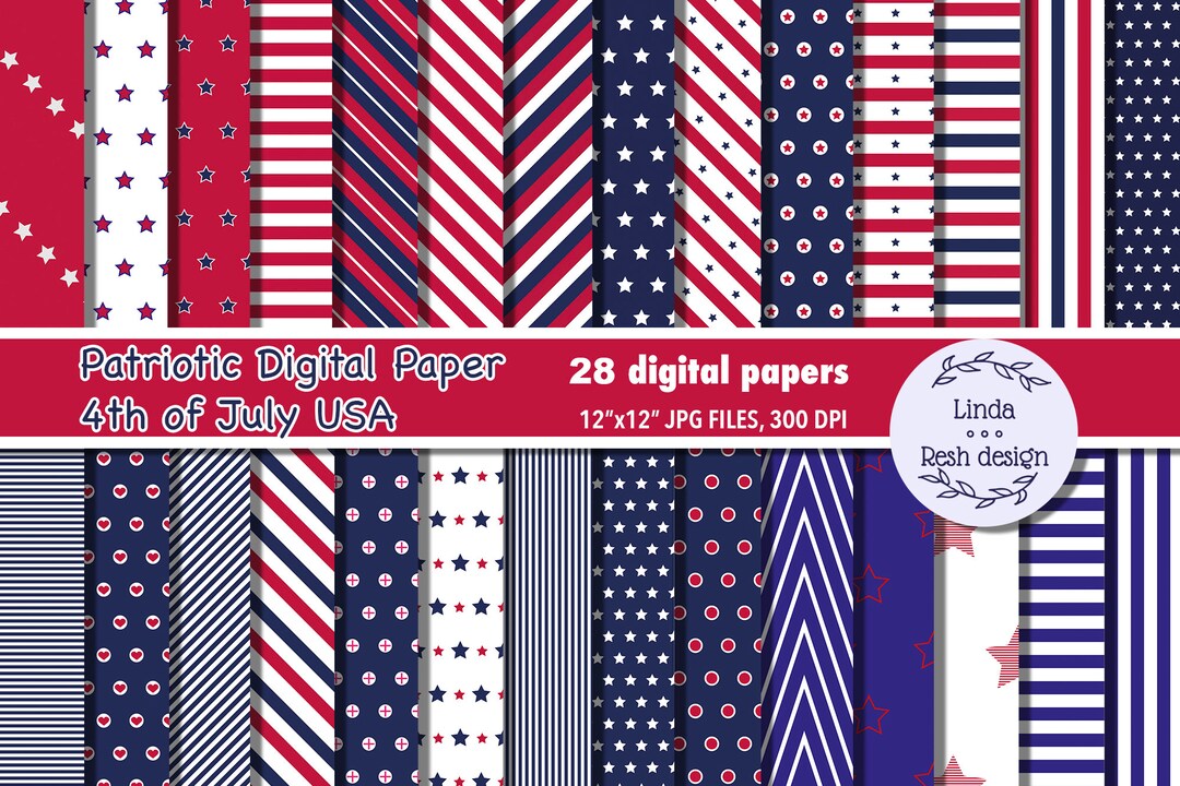 28 Patriotic Digital Paper Pack: Red White and Blue, 4th of July ...