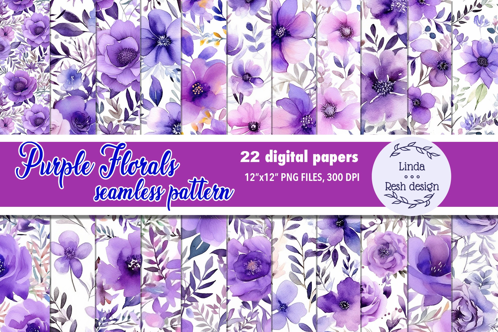 Purple Floral Digital Paper Watercolor Digital Papers Pack Seamless ...