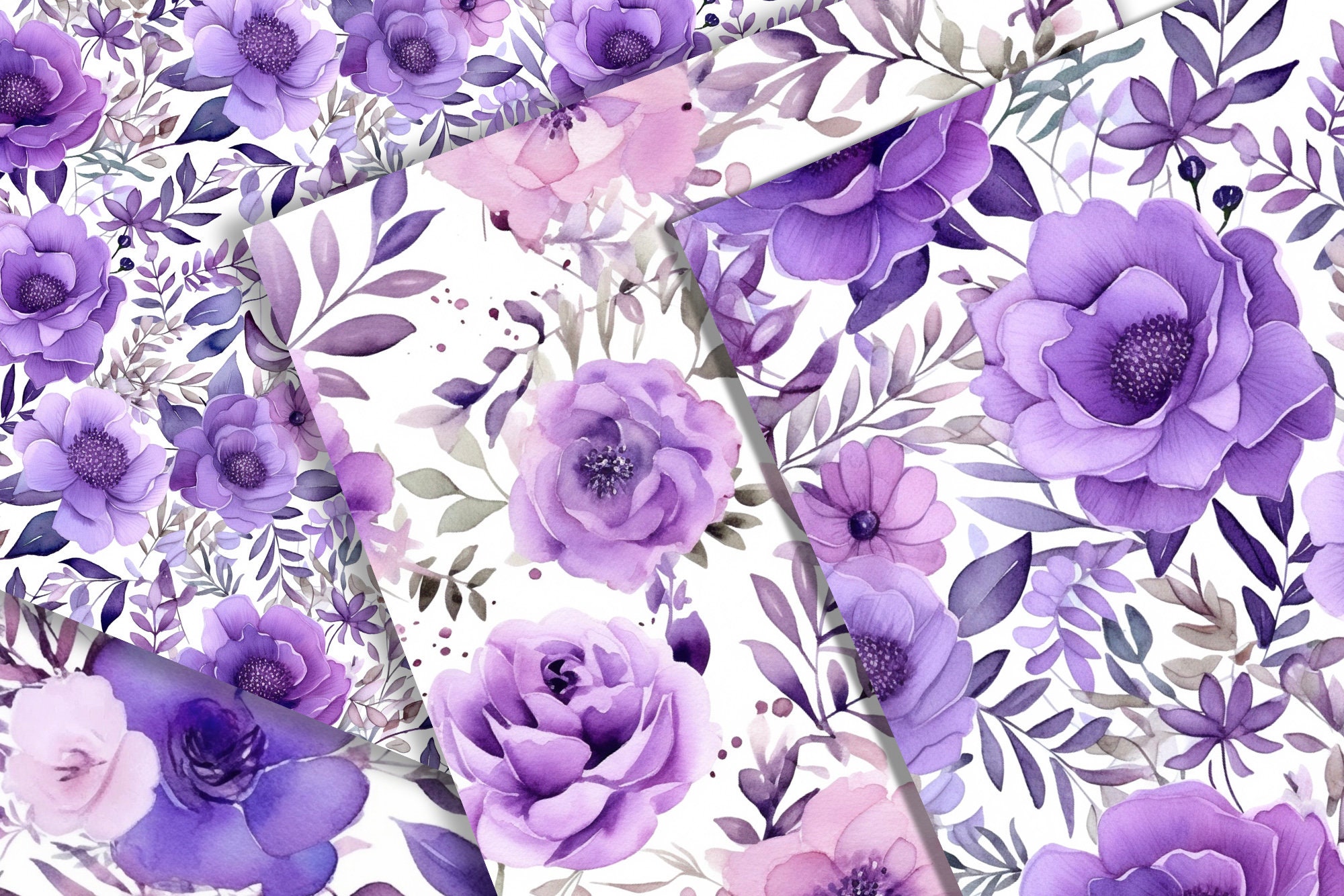 Purple Floral Digital Paper Watercolor Digital Papers Pack Seamless ...