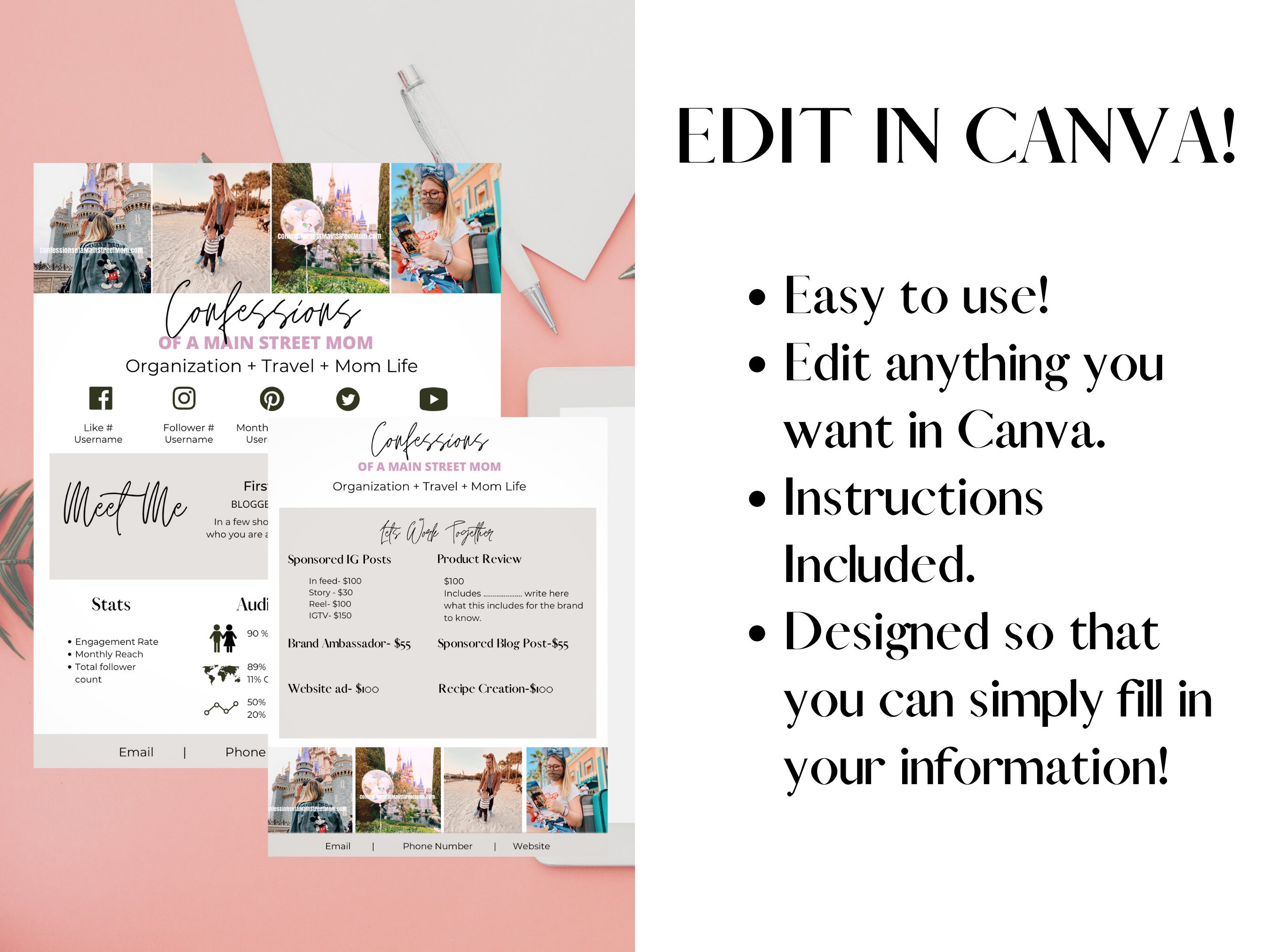 Influencer Media Kit, Rate Sheet for Canva. Blog Rate Sheet, Blogger ...