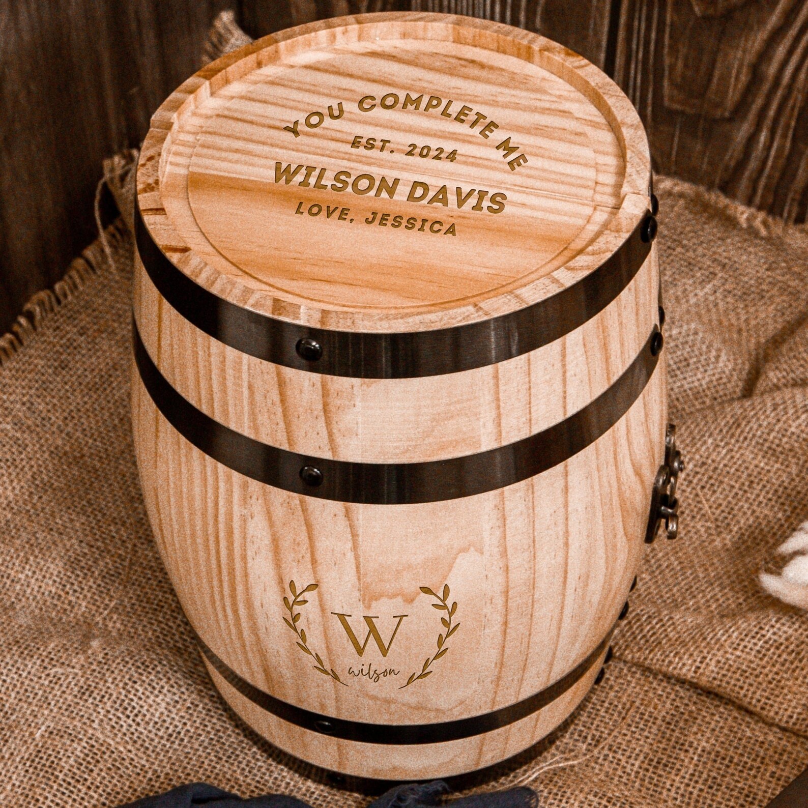 Personalised Wooden Barrel Whiskey Box, 2 Twisted Glasses, 6 Ice Stones ...