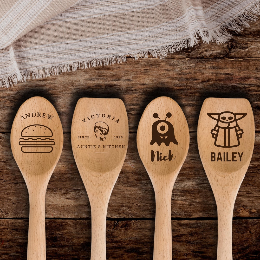 Personalised Wooden Mixing Spoon, Custom Laser Engraved Timber Spatulas ...