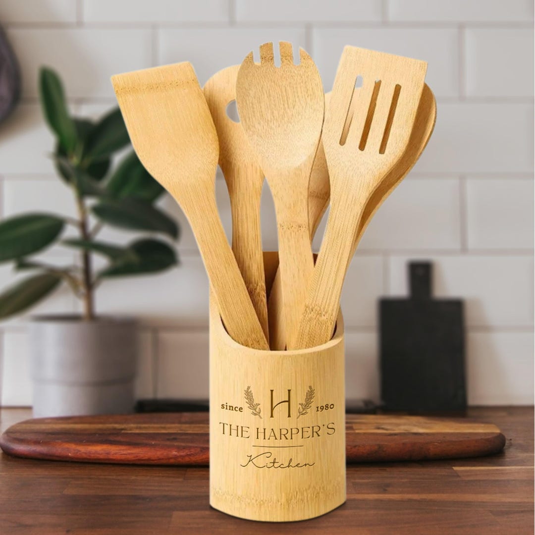 Personalised Bamboo 6 Cooking Utensils & Holder Set, Custom Engraved ...