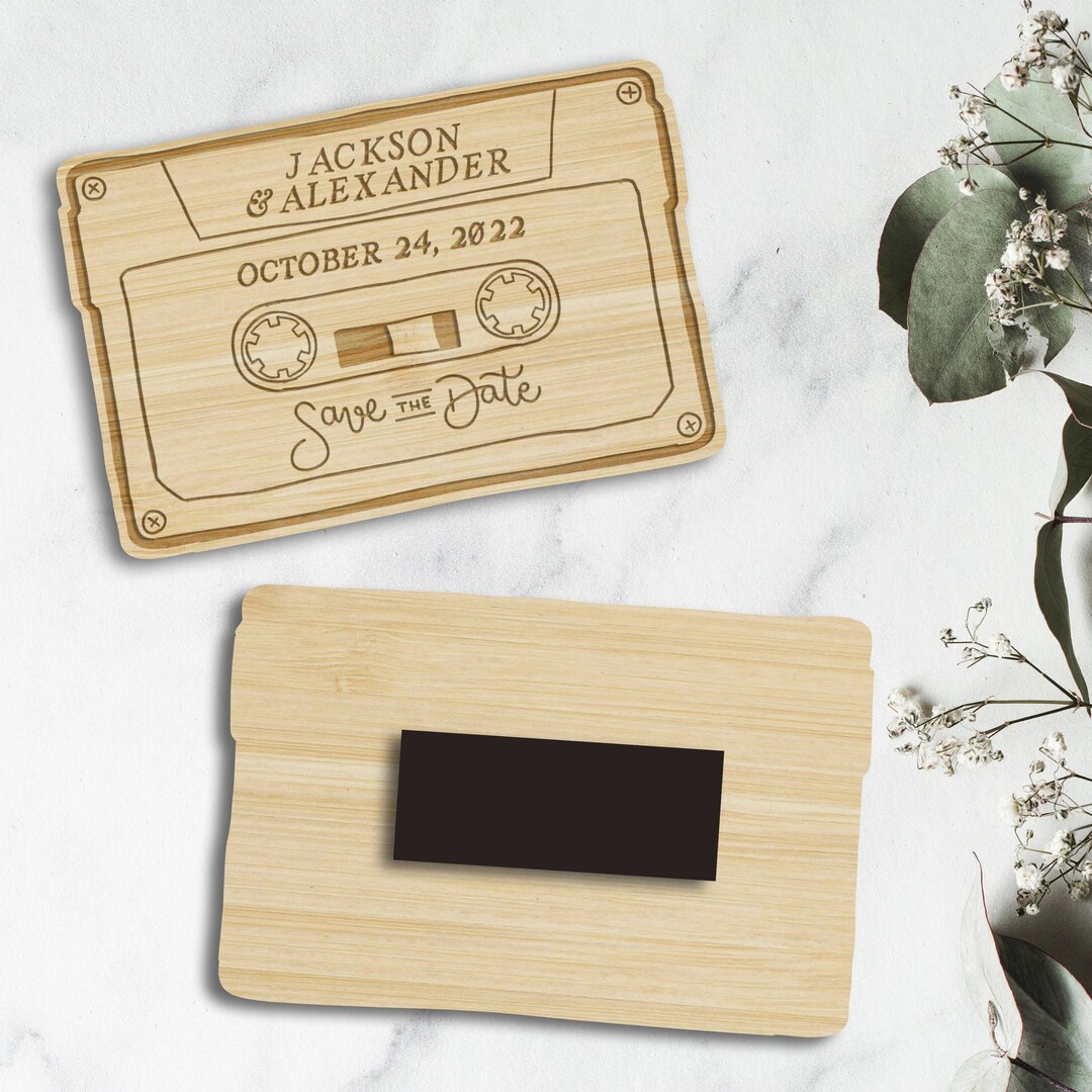 Engraved Save the Date Cassette Fridge Magnets, Personalised Rustic ...