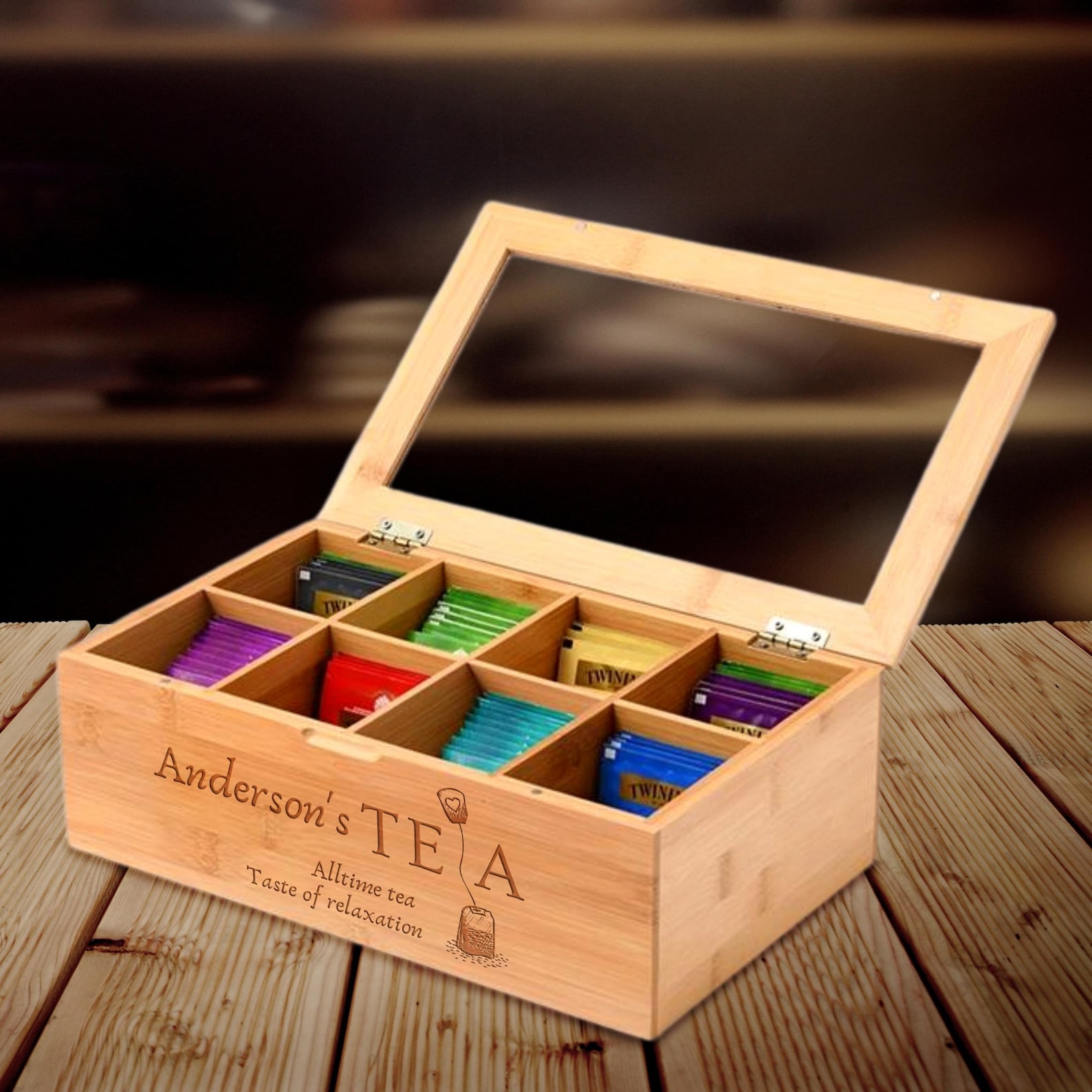 Personalised Bamboo 8 Slots Tea Bag Box, Engraved Custom Wooden ...
