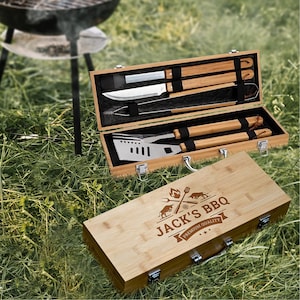 Personalised Bamboo BBQ Tools & Box Set, Custom Engraved Barbecue ...