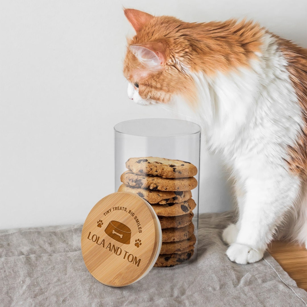 Personalised Wooden Lid Glass Pet Jar, Custom Etch Print Treat, Cat's ...
