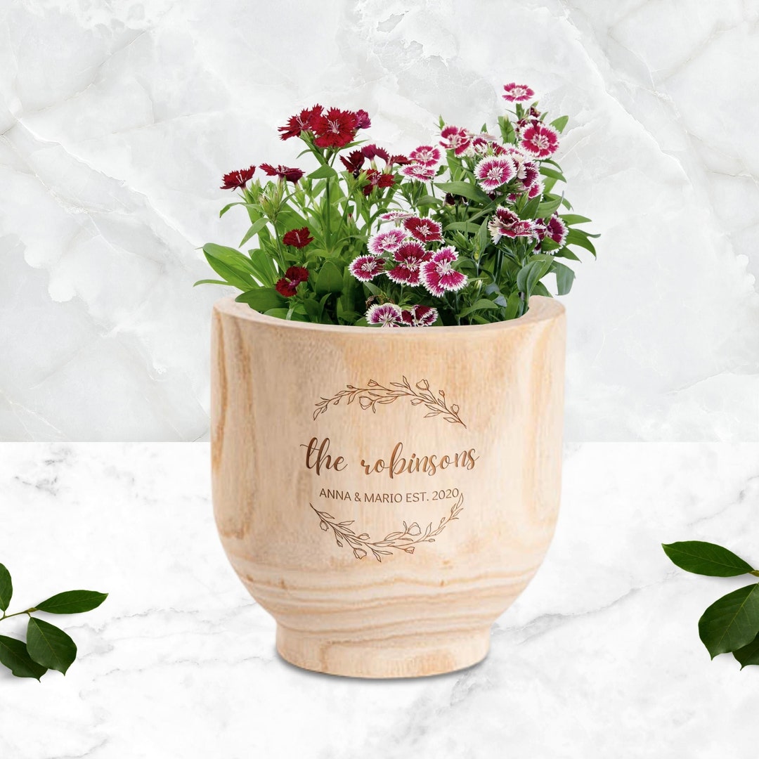 Personalised Small Wooden Cylinder Vase Planter, Engraved Logo Flower ...
