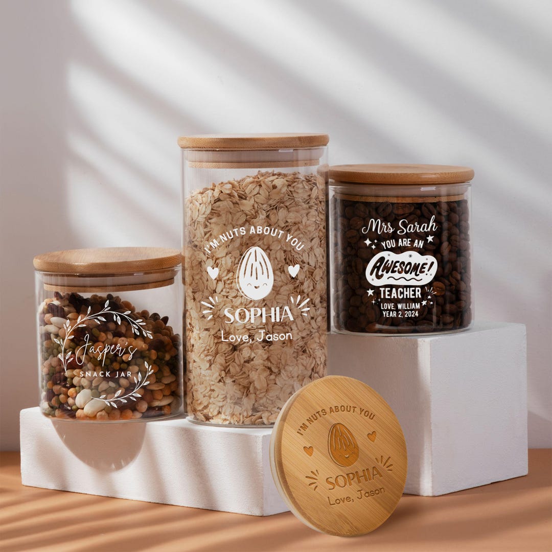 Personalised Wooden Lid Jar, Custom Etched Printed Treat, Food, Snack ...