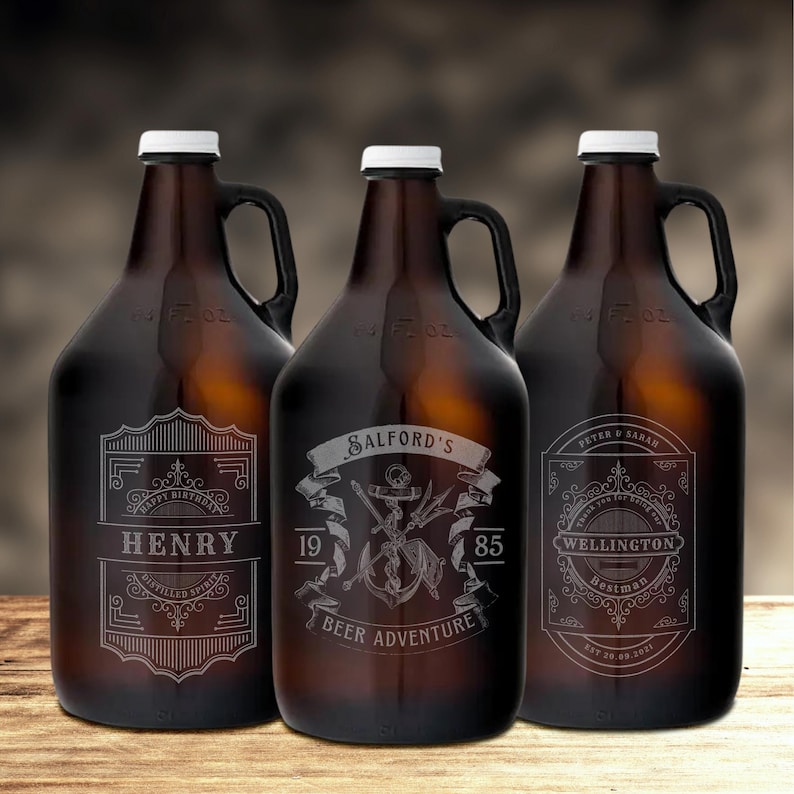 Personalised 1.9L Amber Glass Craft Beer Growler, Engraved Brewery ...