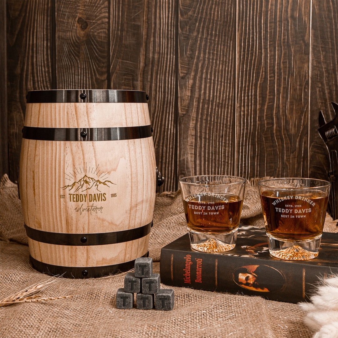 Personalised Wooden Barrel Whiskey Box, 2 Rock Mountain Glasses, 6 Ice ...