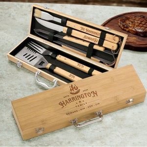 Personalised Bamboo BBQ Tools & Box Set, Custom Engraved Barbecue ...