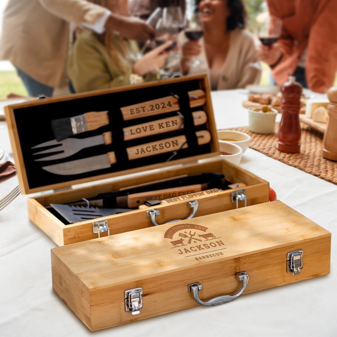 Personalised Bamboo BBQ Tools & Box Set, Custom Engraved Barbecue ...