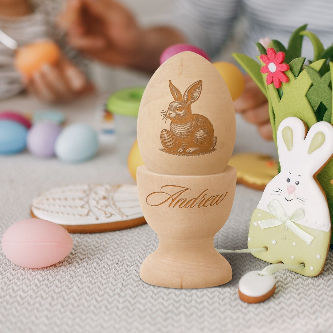 Personalised Wooden Easter Bunny Egg & Shot Holder, Custom Engraved ...