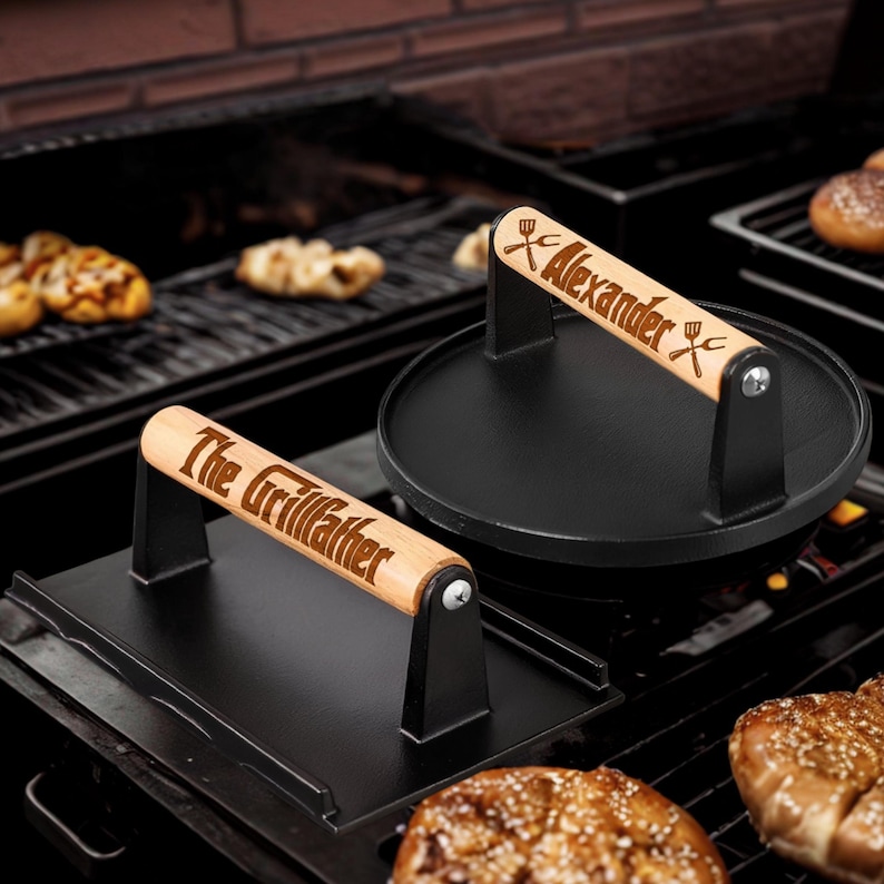 Custom Engraved Cast Iron BBQ Grill Press, Personalised Burger & Meat ...