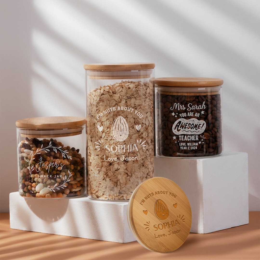 Personalised Wooden Lid Jar, Custom Engraved Treat, Food, Snack Glass ...